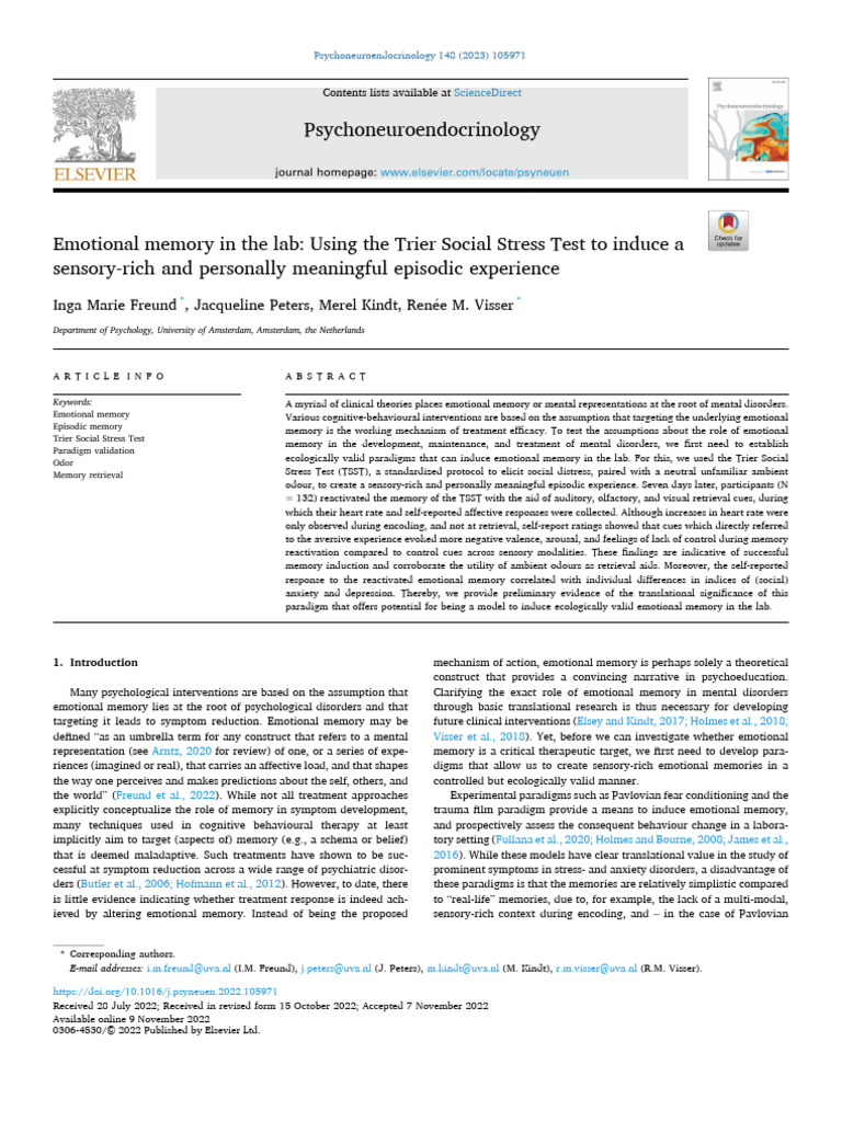 Emotional Memory in The Lab Using The Trier Social Stress T 2023 Psychoneur | PDF | Memory | Odor