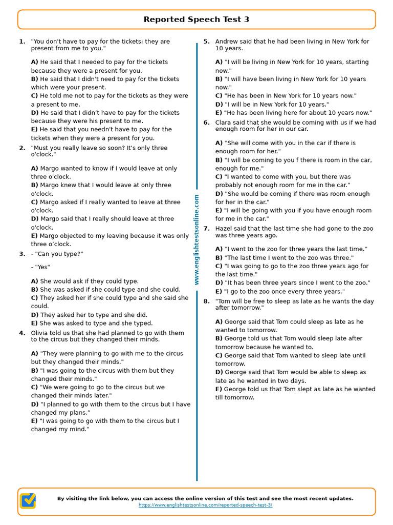 1847 Reported Speech Test 3 | PDF