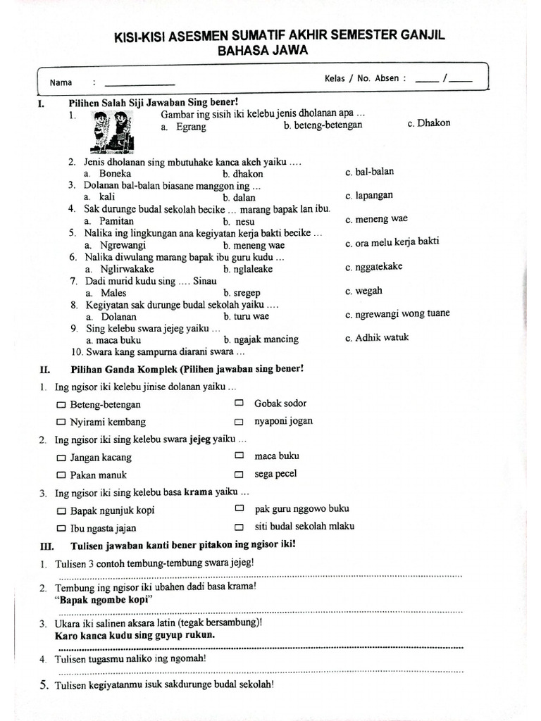 Kisi-Kisi Latihan Bahasa Jawa Kelas 2 | PDF