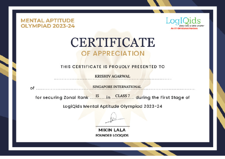Krishiv Agarwal Mental Aptitude Olympiad 23-24 Certificate | PDF