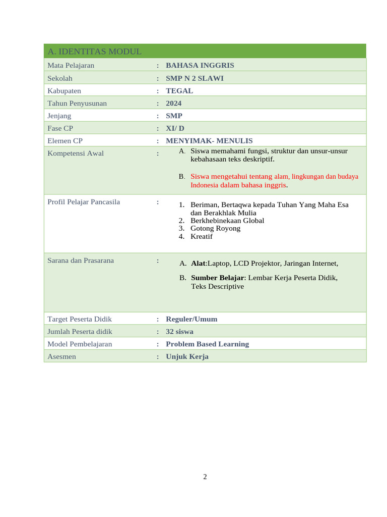 Modul Ajar Adiwiyata Kls 9 SMTR 2 | PDF