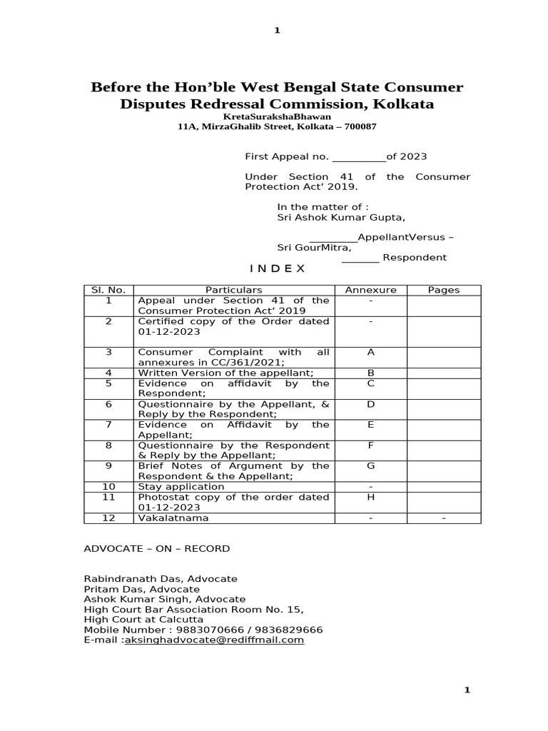 Index - Appeal - Consumer - Ashok Kumar Gupta - Gour Mitra - December - 2023 | PDF