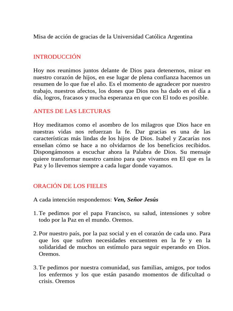 Misa de Acción de Gracias de La UCA | PDF | eucaristía