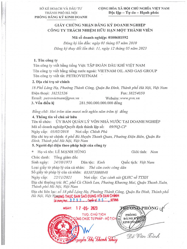Giay chung nhan DKDN_PVN ngay 12.05.23 thay doi lan 11 | PDF