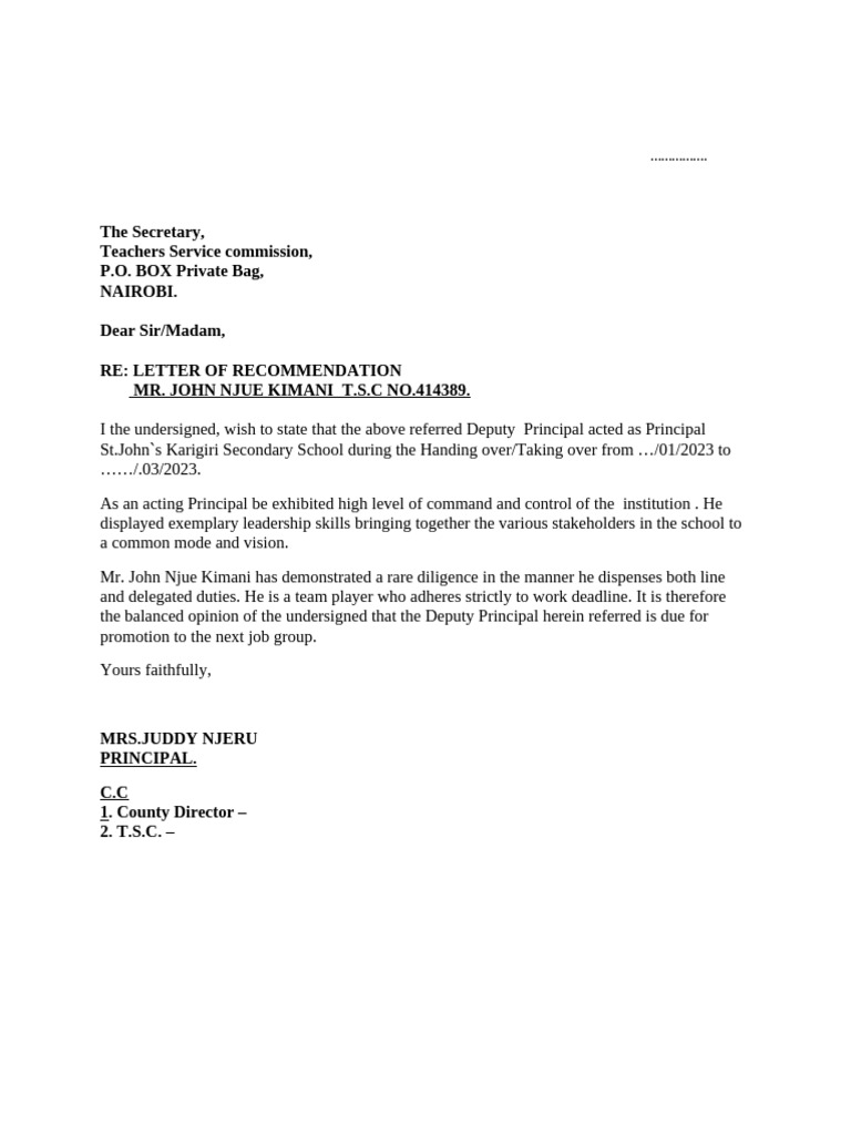Recommendation for Mr. John Njue Kimani | PDF