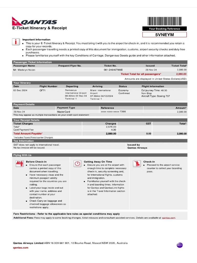 Damascus Flight Ticket Confirmation | PDF
