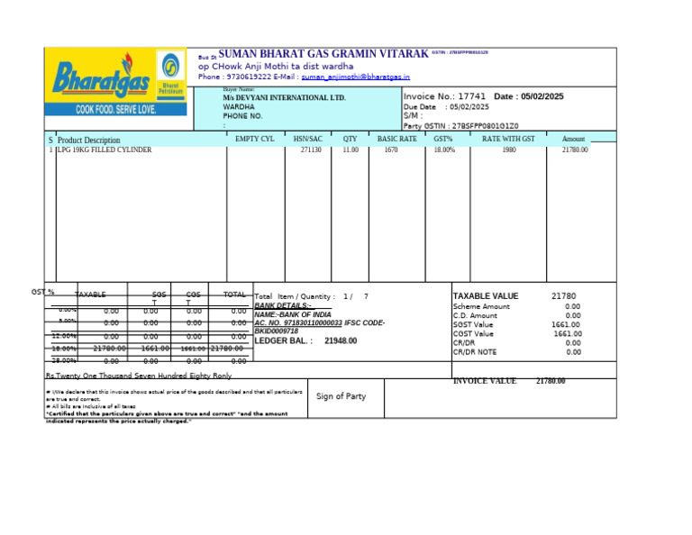LPG Cylinder Invoice - Suman Bharat Gas | PDF | Taxes | Government Finances