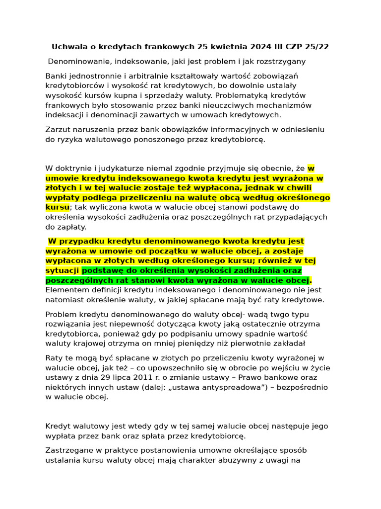 Uchwala o Kredytach Frankowych 25 Kwietnia 2024 III CZP 25 | PDF