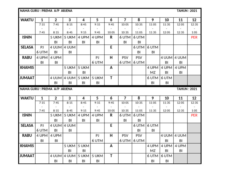 Jadual Waktu Own - 1 - Rehat | PDF