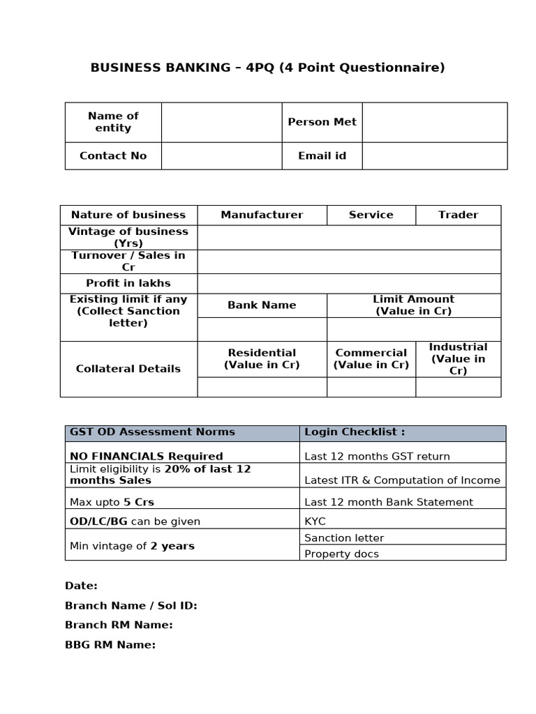 BUSINESS BANKING - 4PQ (4 Point Questionnaire) | PDF