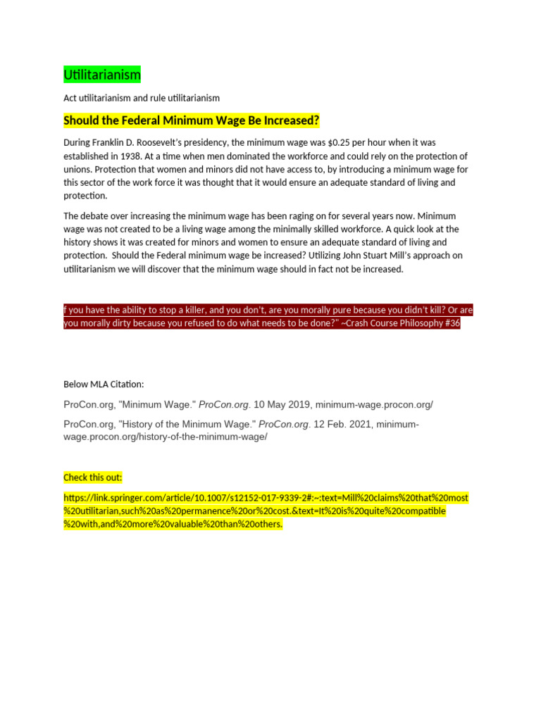 Minimum Wage Debate and Utilitarianism | PDF