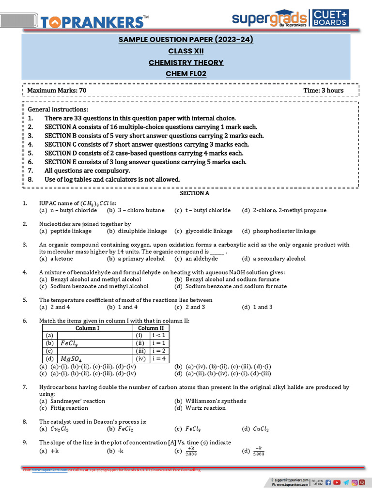 Chemistry Board Sample Paper 02 Questions 027c46ad51b8e | PDF | Aldehyde | Chemistry