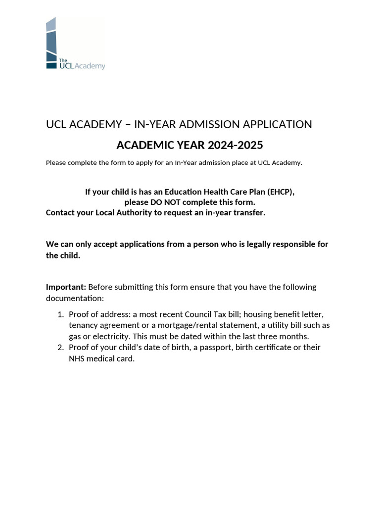 Final Ucl Academy in Year Application Form 2024 2025 | PDF