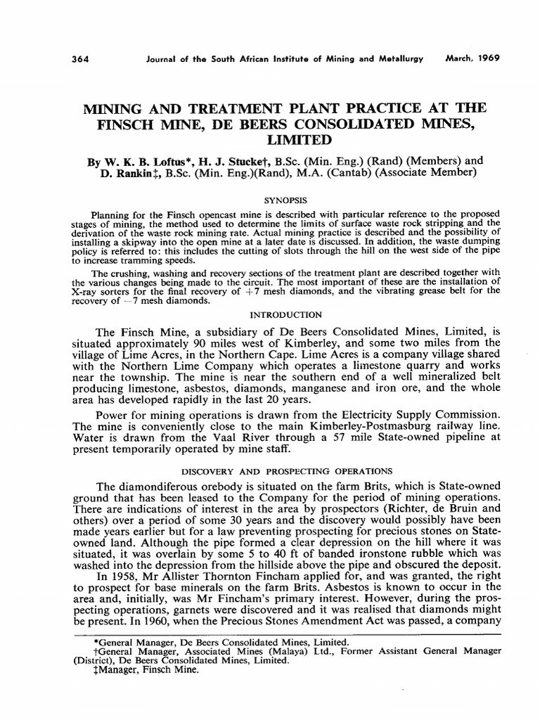 Finsch Mine: Mining & Treatment Practices | PDF | Mining | Diamond