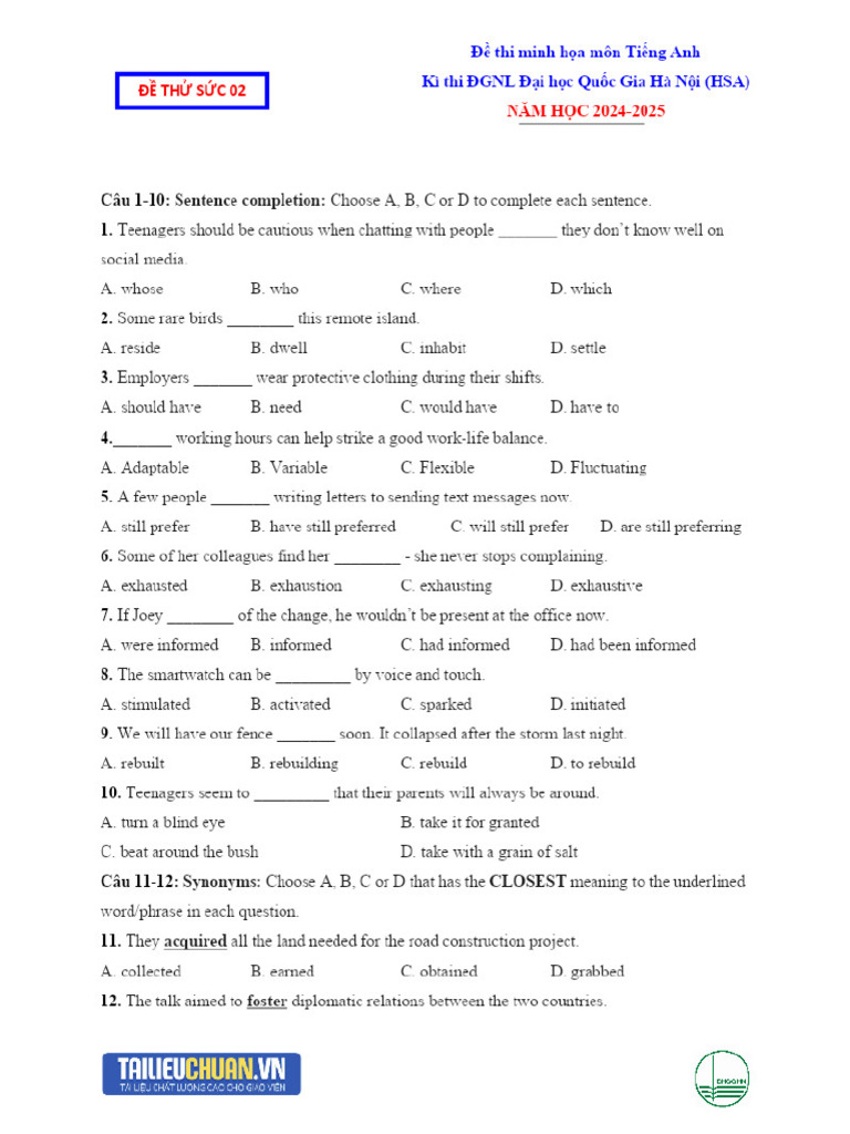 De Thi Minh Hoa Mon Tieng Anh Ki Thi DGNL Dai Hoc Quoc Gia Ha Noi Hsa de 2doc - 1600 - PDF ...