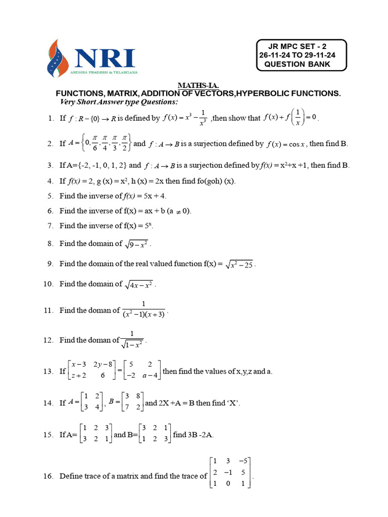 JR MPC Maths-Ia Set-2 Que Bank 26-11-24 To 29-11-24 | PDF | Function (Mathematics ...
