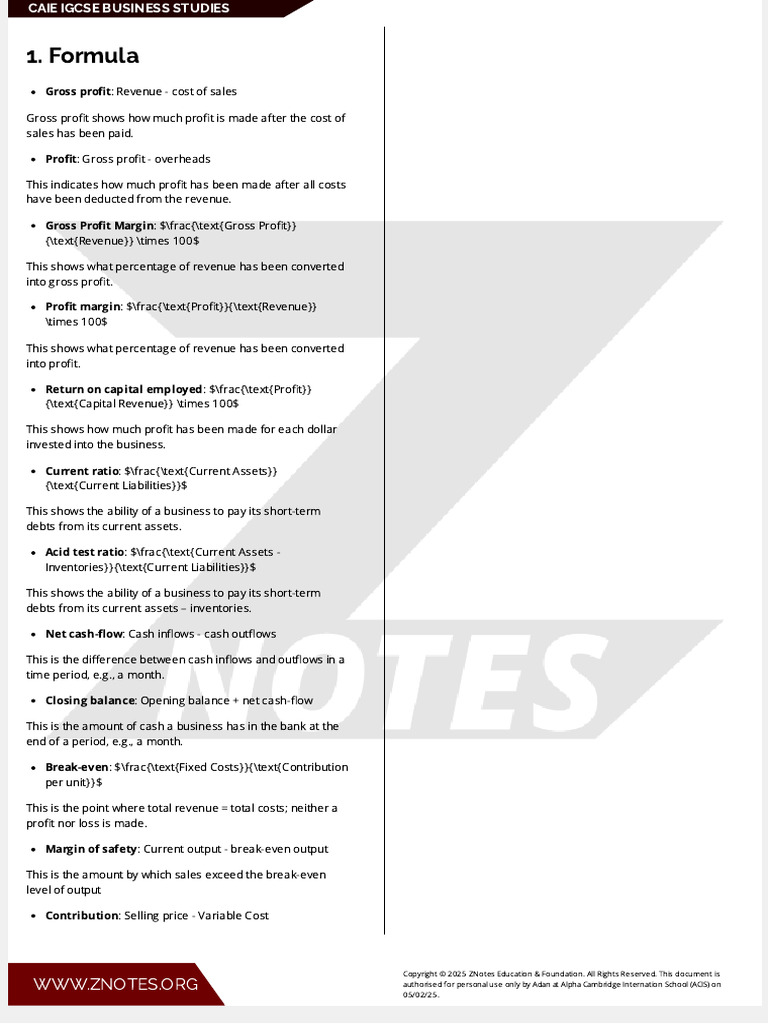 CAIE-IGCSE-Business Studies - Formula Sheet | PDF