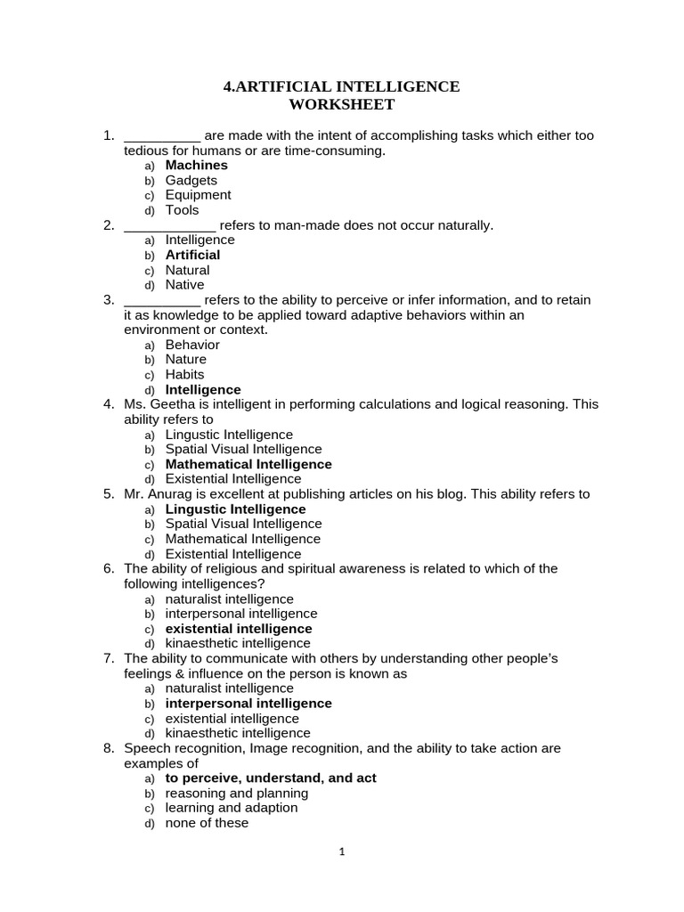 CH-4.Artificial Intelligence Worksheet | PDF | Artificial Intelligence ...