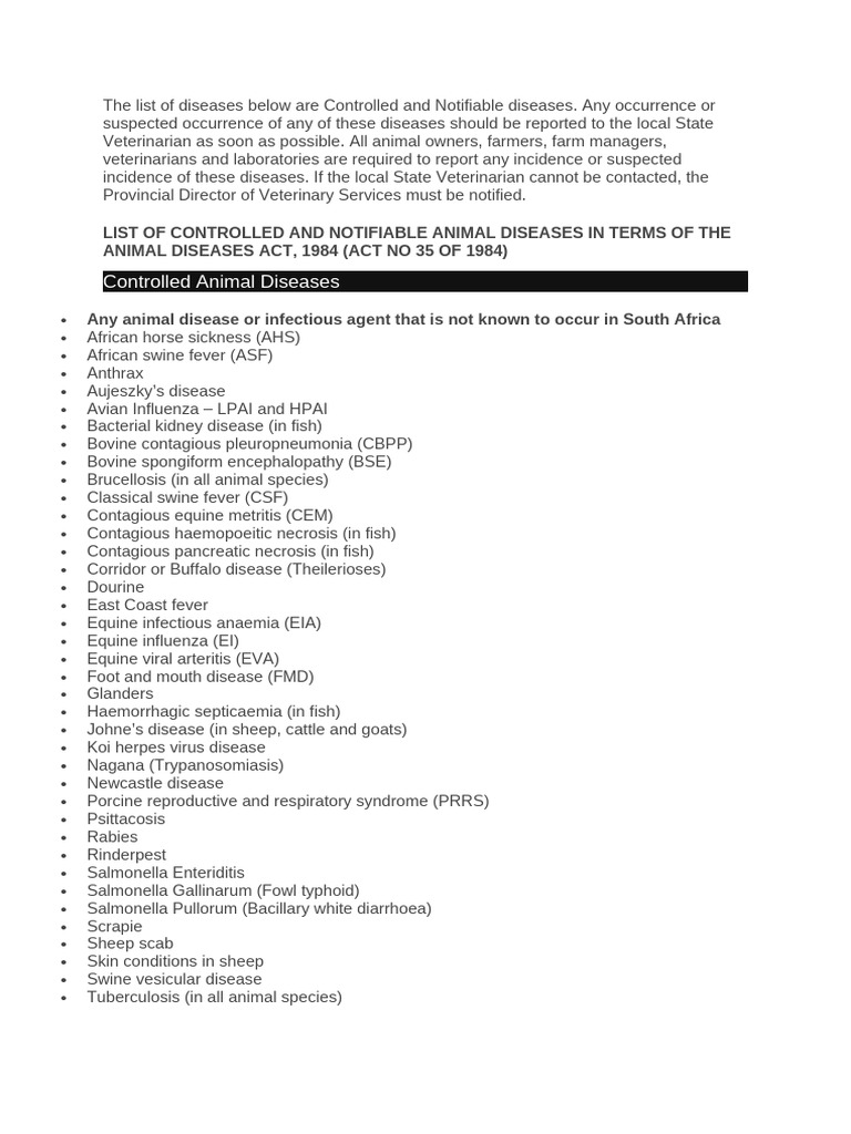 Controlled & Notifiable Animal Diseases | PDF | Infection | Influenza