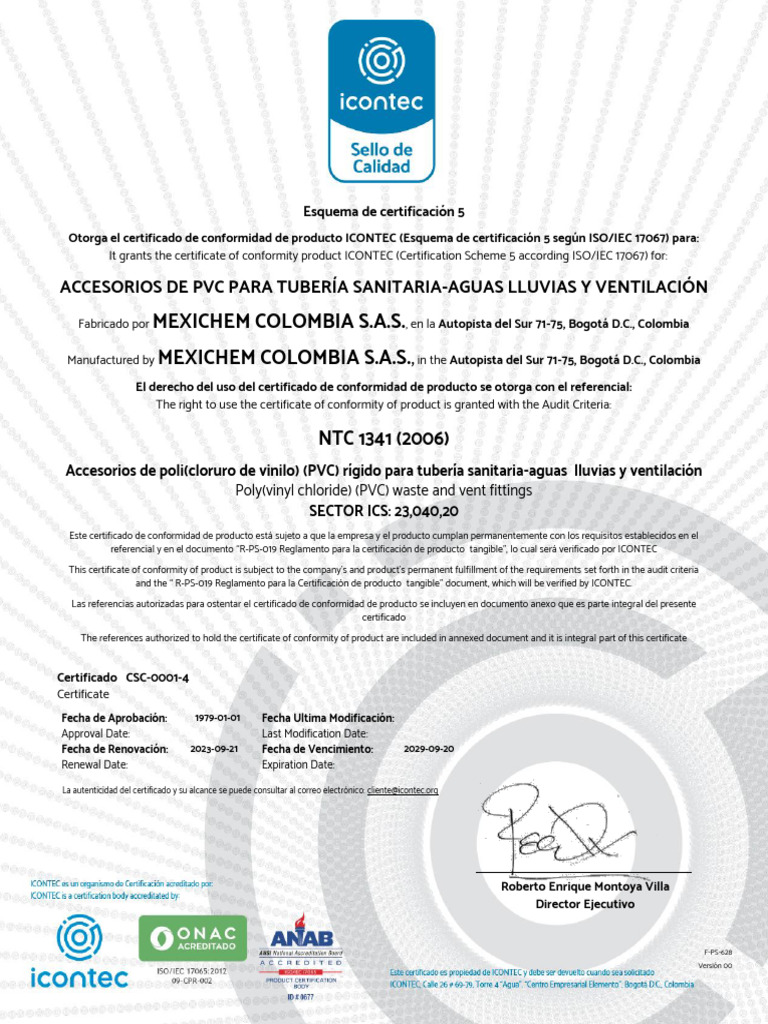 Certificado ICONTEC para Accesorios PVC | PDF