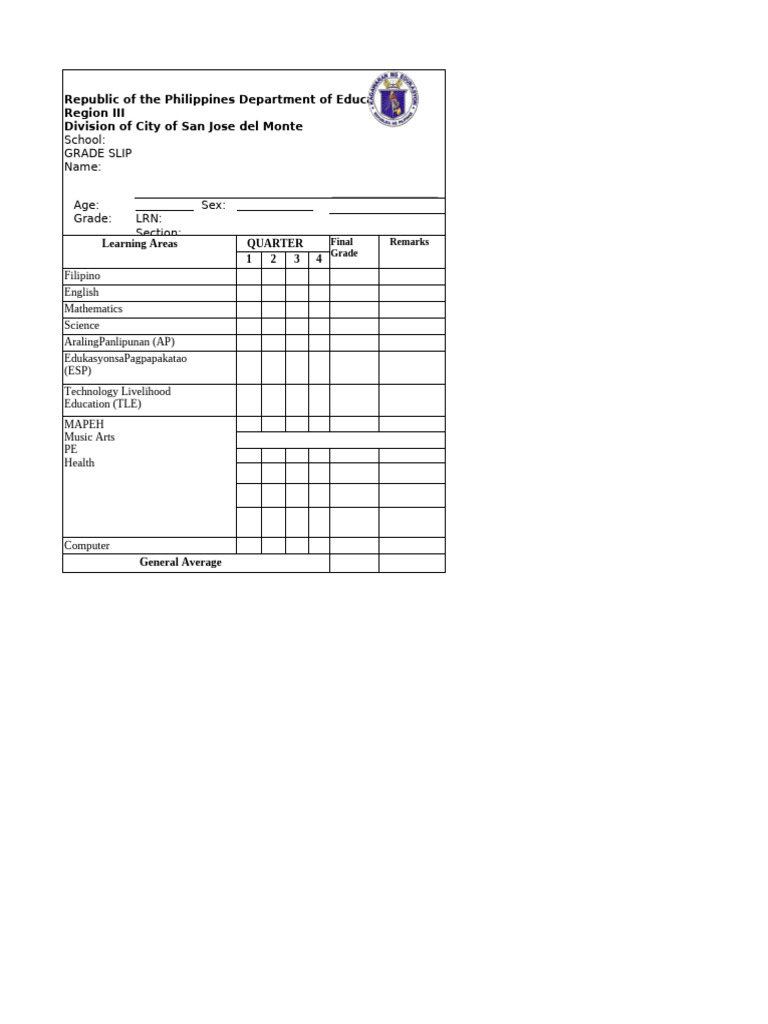 Pdfcoffee.com Revised Grade Slip Format PDF Free266.Xlsx | PDF