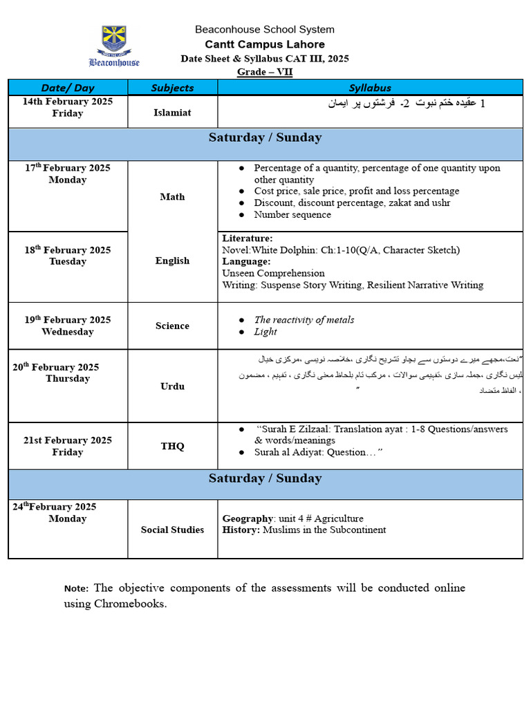 Grade VII CAT III Date Sheet 2025 | PDF