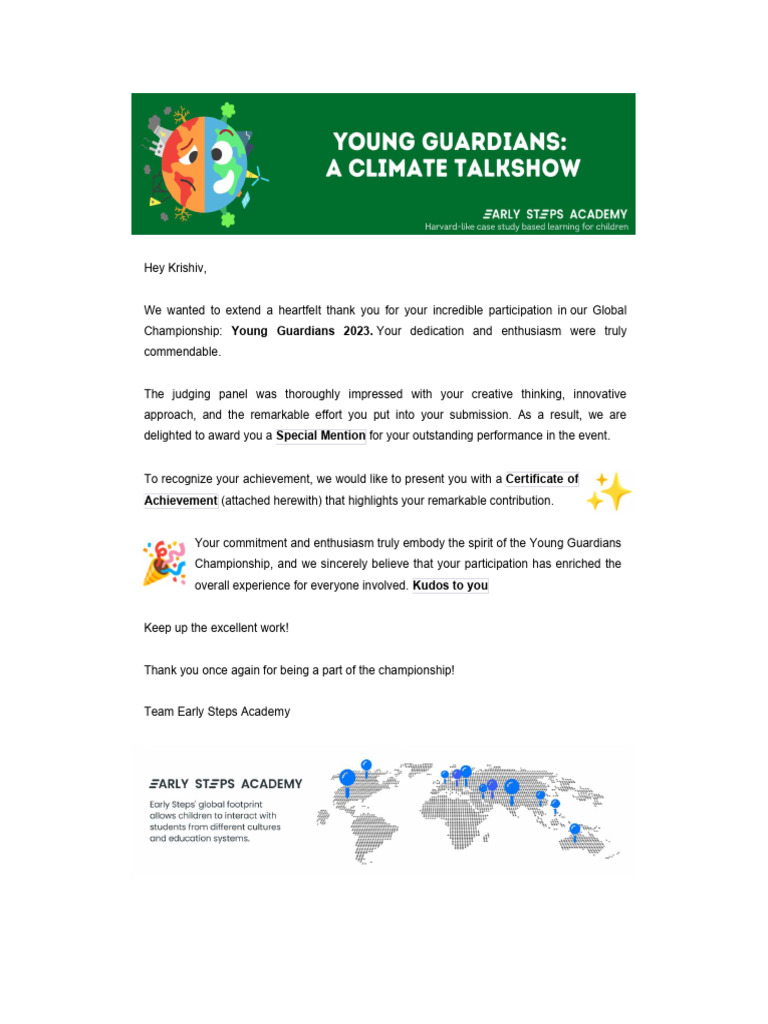Global Climate Championship Letter of Appreciation 2023 - Krishiv Agarwal | PDF