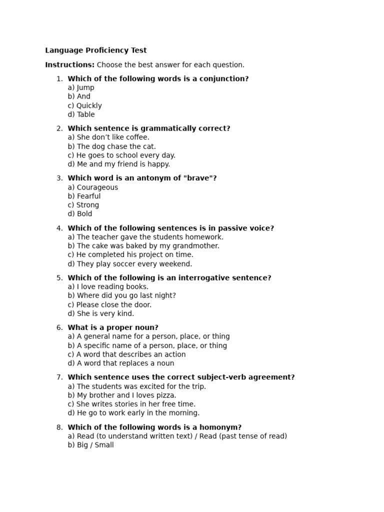 Language Proficiency Test Questions | PDF