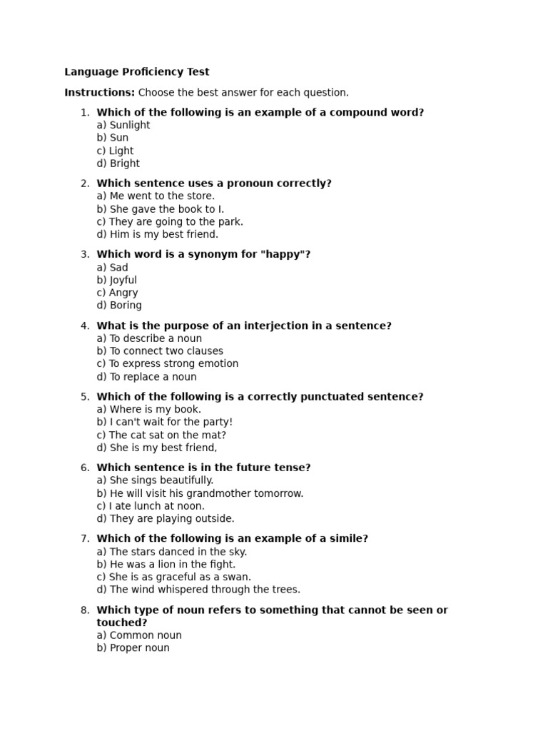 Language Proficiency Test Questions | PDF