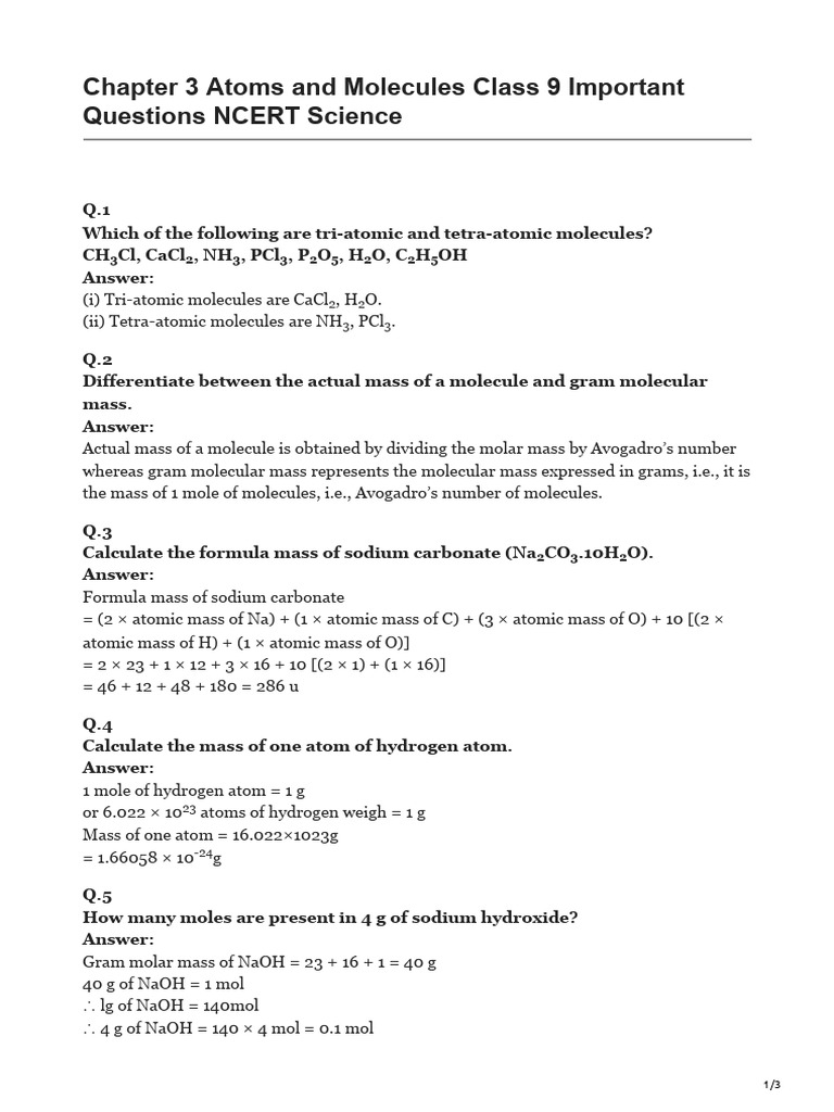important-question-cbse-class-9-science-chapter-3-atoms-and-molecules | PDF | Mole (Unit ...