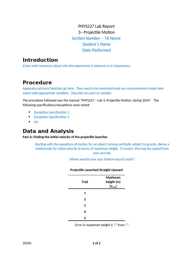 PHYS227 Lab 3 Report Template - Projectile Motion - Tagged | PDF ...