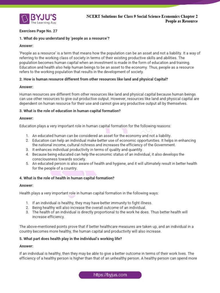 Class 9 Economics: People as Resource Solutions | PDF | Unemployment | Capital (Economics)