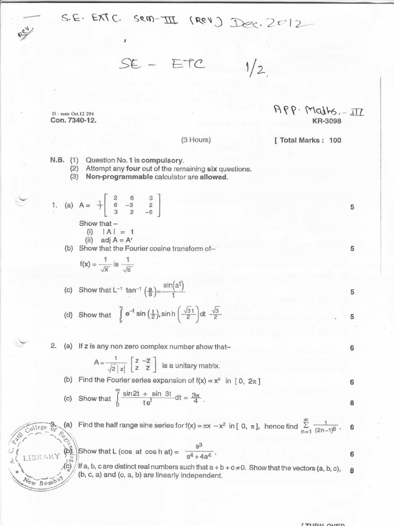 S.E.EXTC - Sem III - Rev.Dec 2012 | PDF | Algebra