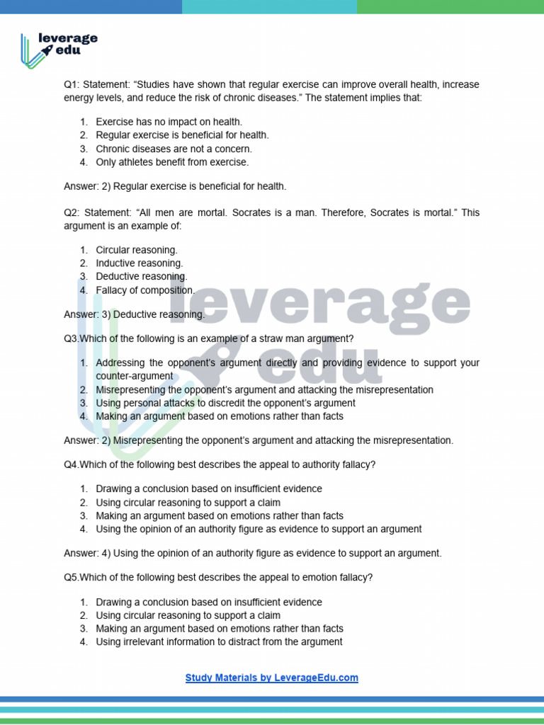 20 Questions Of Analyzing Arguments Reasoning Logical Reasoning Pdf