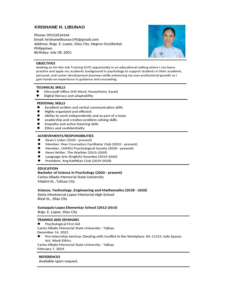 OJT Application: Psychology Student Resume | PDF