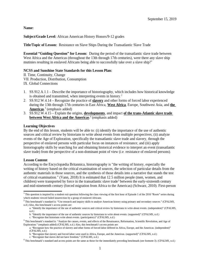 Historical Inquiry Lesson Plan Example | PDF | Atlantic Slave Trade ...