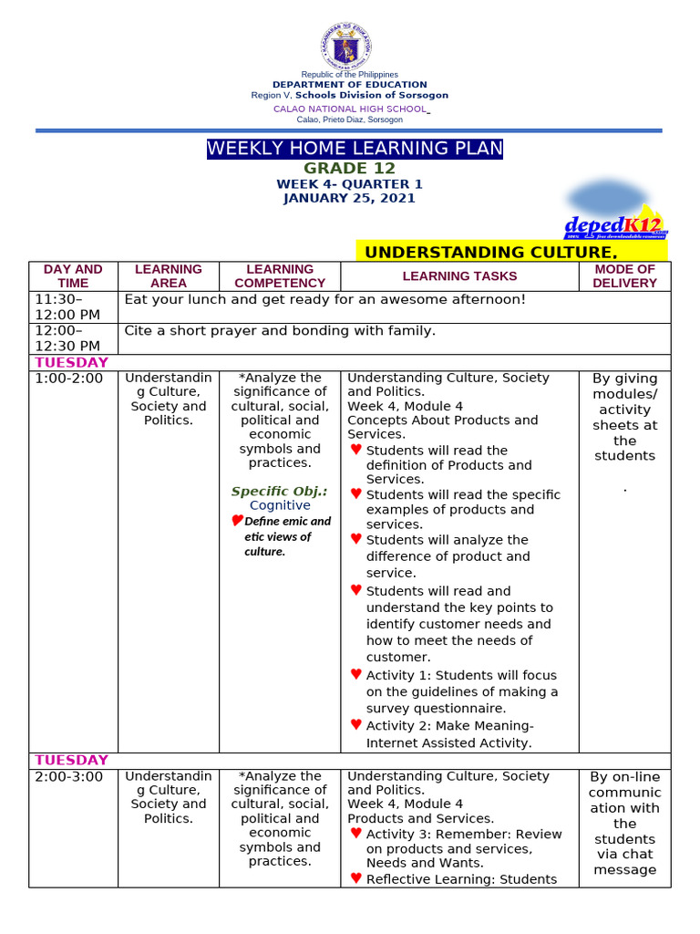 Grade 12 Weekly Learning Plan: Culture | PDF | Learning | Psychology