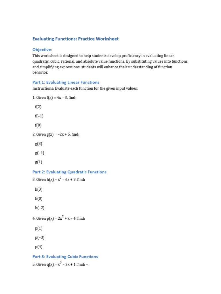 Evaluating Functions Worksheet | PDF