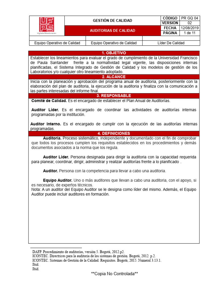 Comité de Calidad. Auditor Líder.: 1. Objetivo | PDF | Auditoría ...