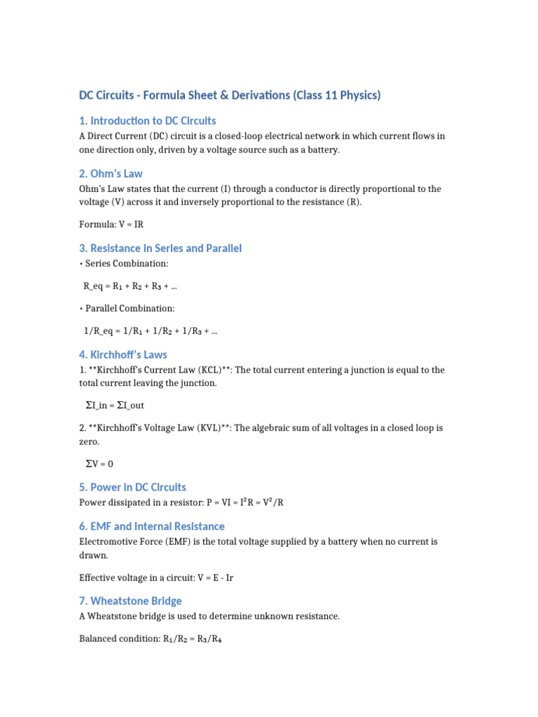 DC Circuits: Formulas & Derivations | PDF