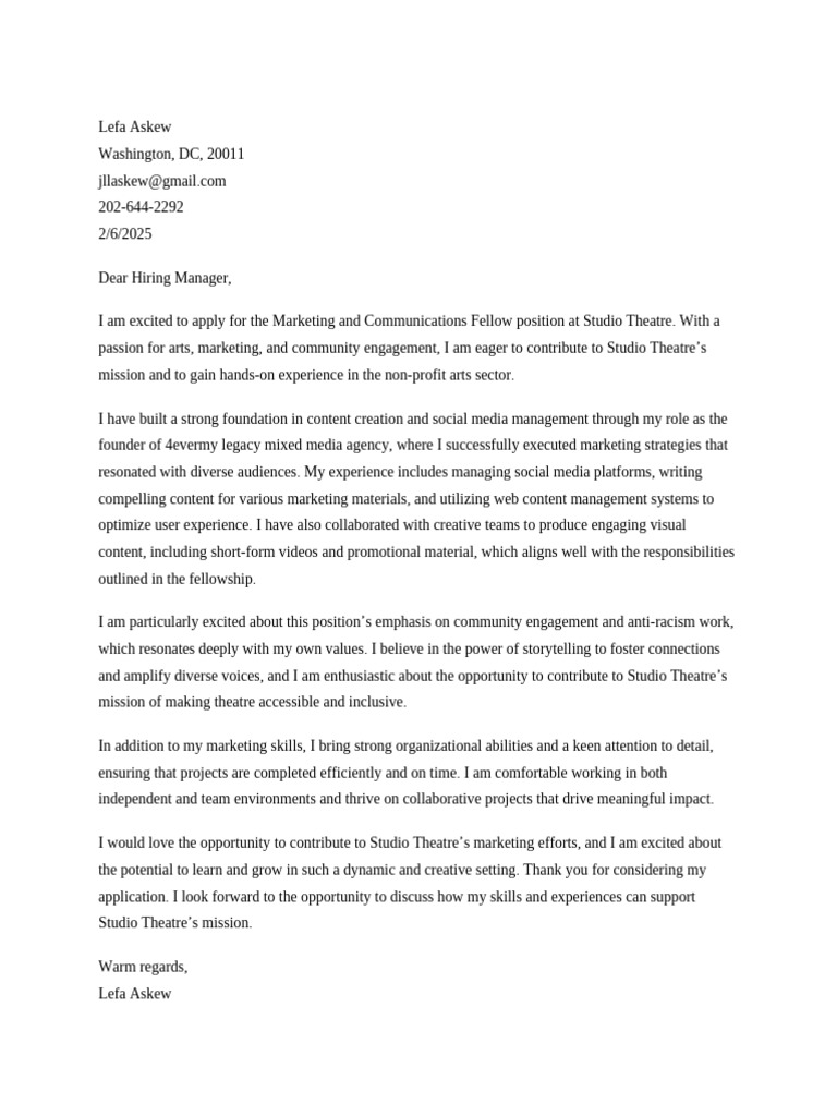 Cover Letter Studio Theatres | PDF