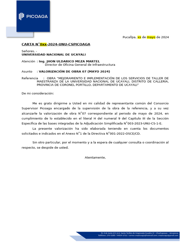 Carta xx-2024-UNU-CSPICOAGA (Valorización de Obra 07) | PDF