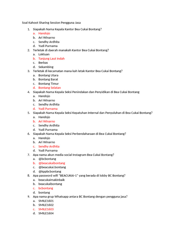 Soal Kahoot Sharing Session Pengguna Jasa | PDF