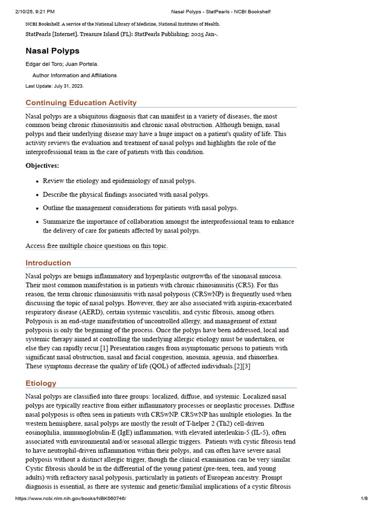 Nasal Polyps - StatPearls - NCBI Bookshelf | PDF | Diseases And ...