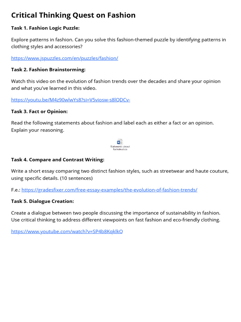 Critical Thinking in Fashion Activities | PDF