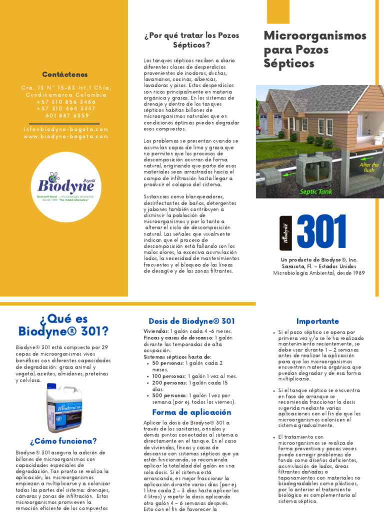 Folleto Pozos Sépticos Biodyne 301 | PDF | Tanque séptico | Microorganismo