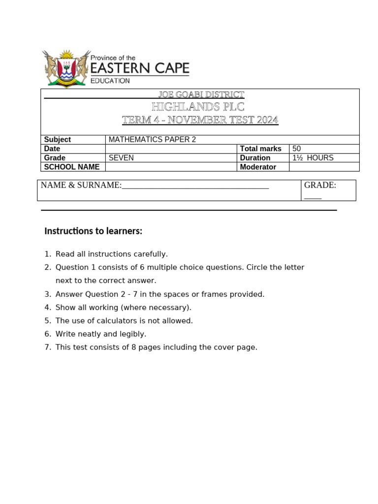 Grade 7 Maths Paper 2 Term 4 2024 | PDF | Shape | Rectangle