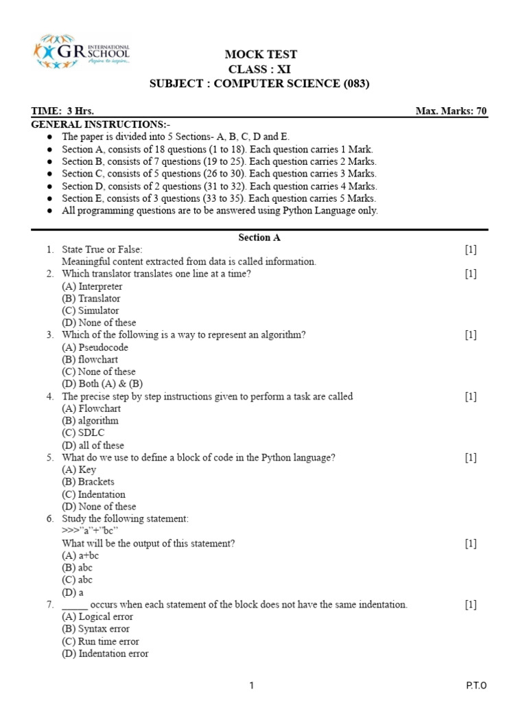 Class 11 Computer Science Mock Test | PDF | Software Engineering ...