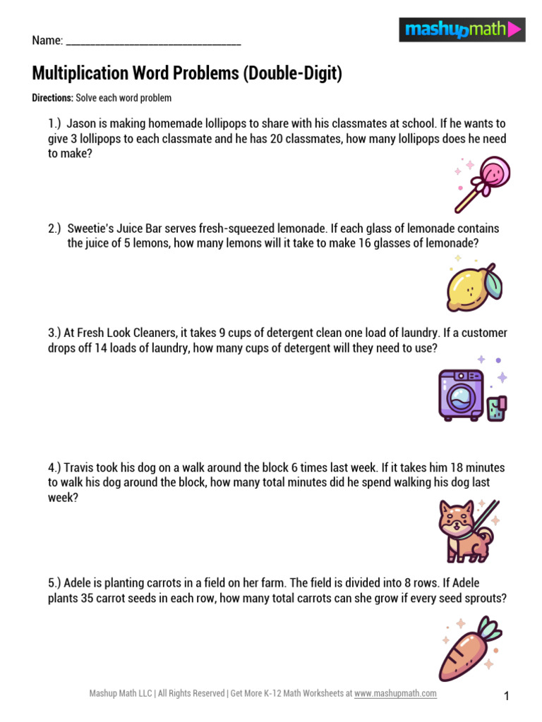 Multiplication Word Problems (Double-Digit) A | PDF
