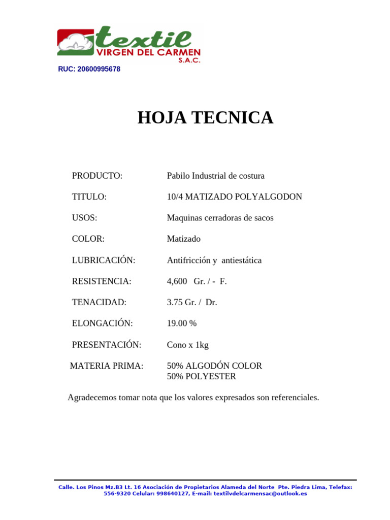 Ficha Tecnica Pabilo Blanco y Pabilo Matizado (Jaime Martin Cuadra ...